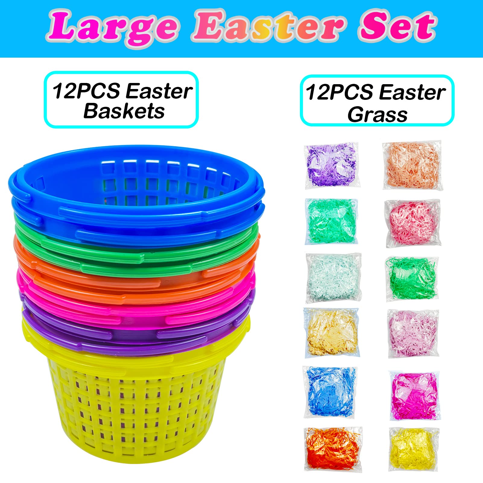 BKDMZZMY Easter Baskets for Plastic Easter Baskets Small and Colorful Easter Grass Stuffers, Easter Baskets with Handles for Easter Round Bucket Bulk for Easter Eggs Hunt