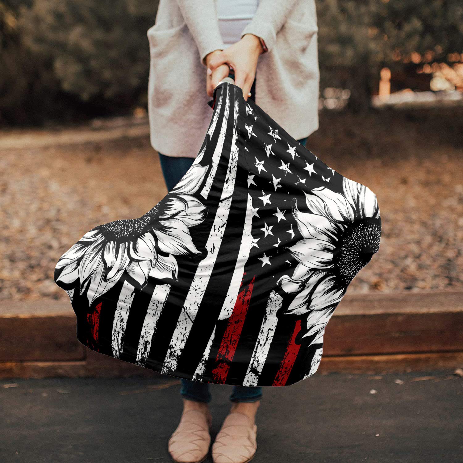 Baby Car Seat Covers Nursing Scarf, Vintage American Flag with Sunflower United States Flag Black Stretchy Infant Carseat Canopy Breastfeeding Covers, Baby Shower Gifts