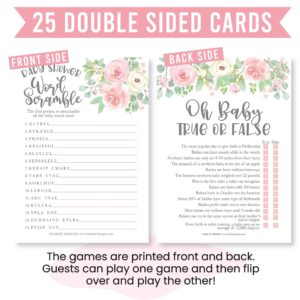 25 Floral Word Scramble For Baby Shower, 25 True Or False Game, 25 Baby Animal Matching, 25 Nursery Rhyme Game - 4 Double Sided Cards Baby Shower Ideas, Baby Shower Party Supplies