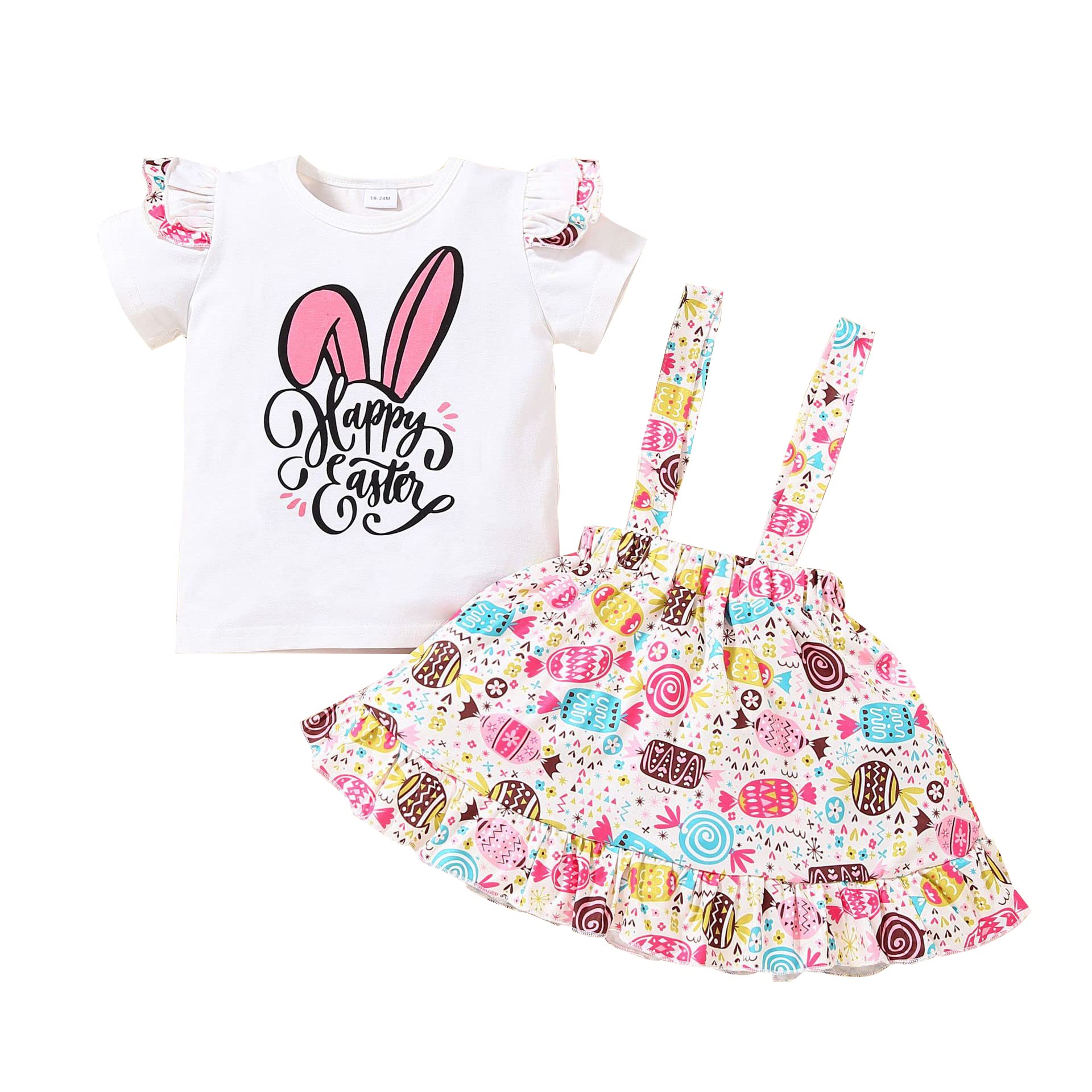 AMMENGBEI Baby Girls Easter Outfit Happy Easter Short Sleeve Top+Bunny Suspender Skirt Strap Overall Dress Set 1-6 Years (White, 3-4T)