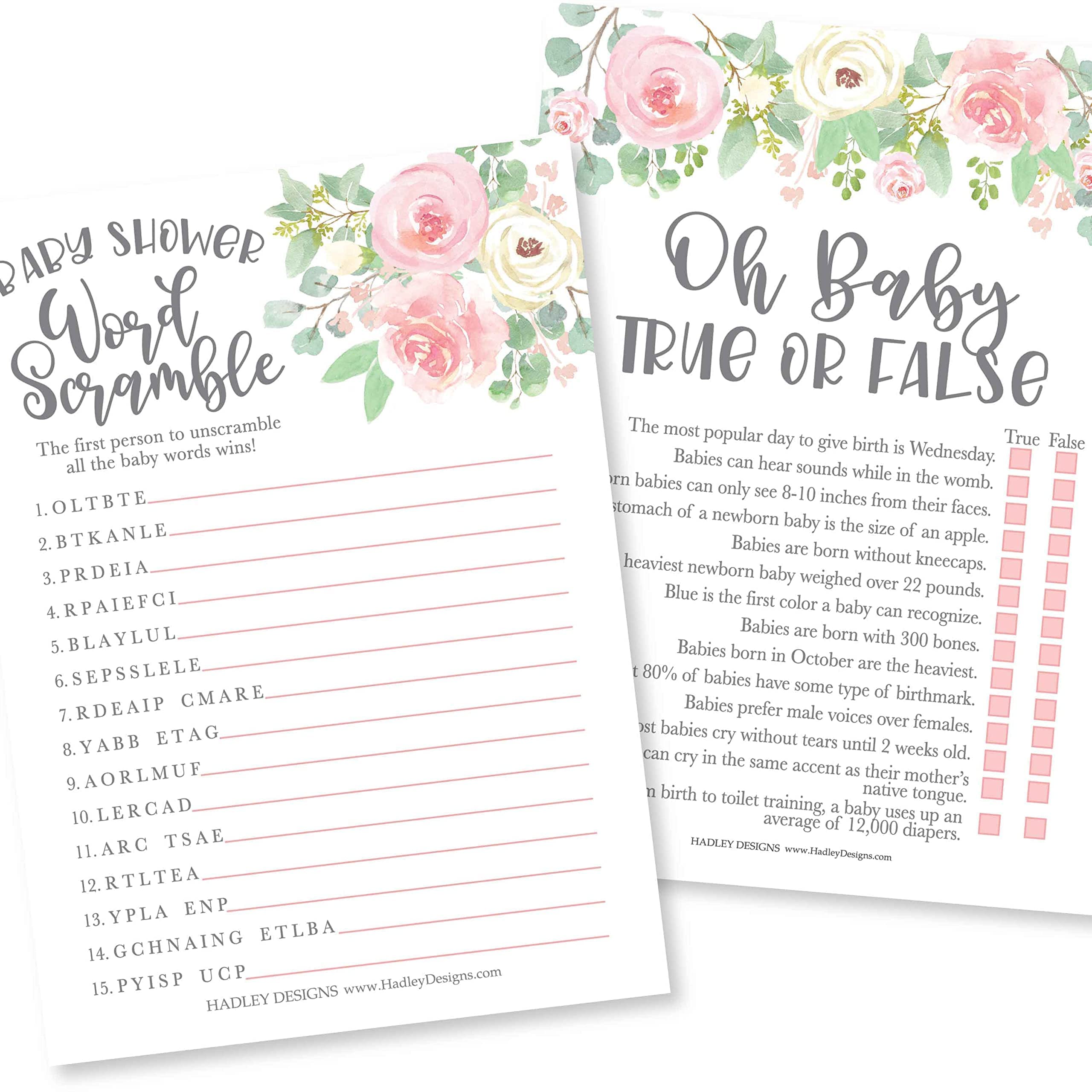 25 Floral Word Scramble For Baby Shower, 25 True Or False Game, 25 Baby Animal Matching, 25 Nursery Rhyme Game - 4 Double Sided Cards Baby Shower Ideas, Baby Shower Party Supplies