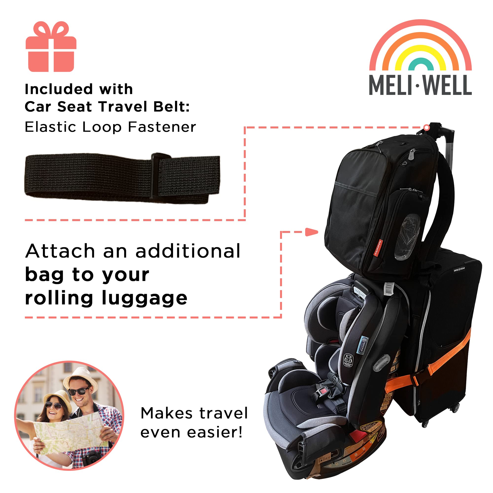 MELIWELL Car Seat Travel Belt - Strap to Rolling Suitcase, Convert Luggage for Carry-On - Portable Airport Solution - Complete with 12" Fastener