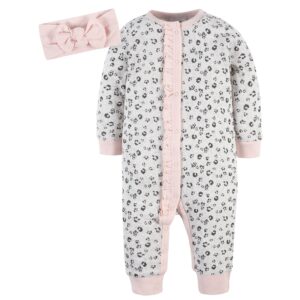 Gerber Baby Girls' 4-Piece Coveralls & Headband Sets, Leopard & Floral, 6-9 Months