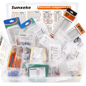 sunxeke electronic component diy assortment kit,include resistors,capacitors,triode,pcb,tact switch,toggle switch，potentiometer,led,inductors,crystal oscillator,integrated circuit.