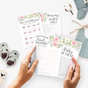 25 Floral Word Scramble For Baby Shower, 25 True Or False Game, 25 Baby Animal Matching, 25 Nursery Rhyme Game - 4 Double Sided Cards Baby Shower Ideas, Baby Shower Party Supplies