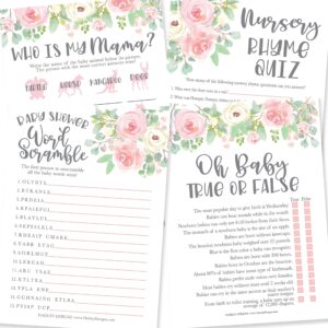 25 floral word scramble for baby shower, 25 true or false game, 25 baby animal matching, 25 nursery rhyme game - 4 double sided cards baby shower ideas, baby shower party supplies