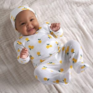 Gerber Baby Girls Newborn Hospital Pointelle Outfit Shirt, Footed Pant And Cap Clothing Set, White Lemons, Newborn US