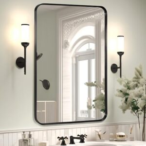 minuover wall mount mirror for bathroom, brush black metal framed rounded corner rectangular vanity mirror (20" x 30", black)