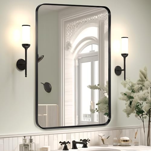 Minuover Wall Mount Mirror for Bathroom, Brush Black Metal Framed Rounded Corner Rectangular Vanity Mirror (20" x 30", Black)