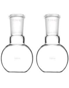 qwork glass 100ml single neck flat bottom boiling flask, with 24/40 standard joint, 2 pack heavy wall distillation receiving apparatus, taper outer joint lab glassware, 100ml