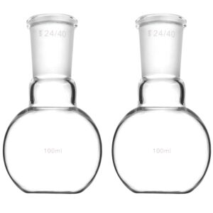 QWORK Glass 100ml Single Neck Flat Bottom Boiling Flask, with 24/40 Standard Joint, 2 Pack Heavy Wall Distillation Receiving Apparatus, Taper Outer Joint Lab Glassware, 100mL