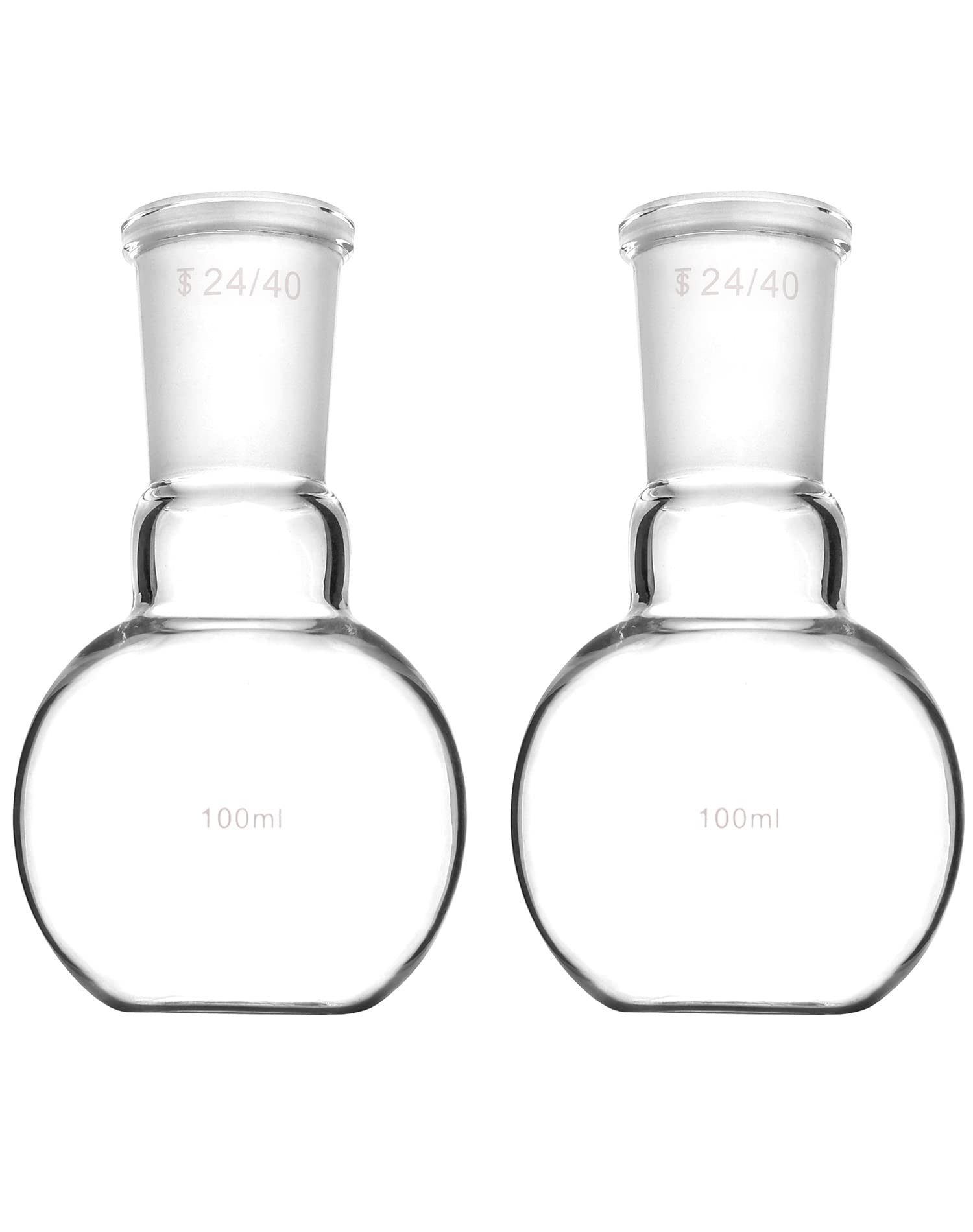 QWORK Glass 100ml Single Neck Flat Bottom Boiling Flask, with 24/40 Standard Joint, 2 Pack Heavy Wall Distillation Receiving Apparatus, Taper Outer Joint Lab Glassware, 100mL