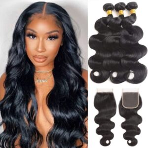 12a brazilian body wave 3 bundles with closure (14 16 18 +12 closure)100% unprocessed body wave human hair weave with 4x4 free part lace closure natural color (bundles with closure)