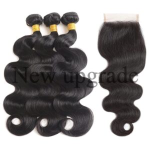 12A Brazilian Body Wave 3 Bundles with Closure (14 16 18 +12 Closure)100% Unprocessed Body Wave Human Hair Weave with 4x4 Free Part Lace Closure Natural Color (Bundles with Closure)