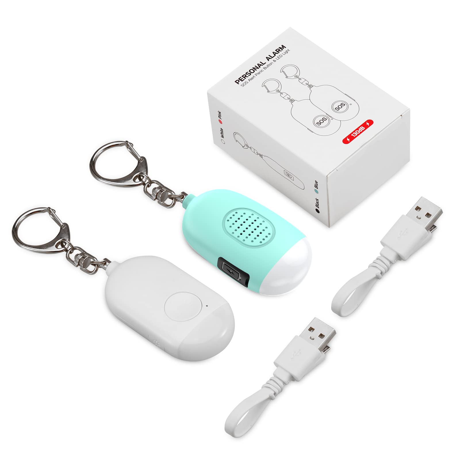 (Upgraded New Version) Safe Sound Personal Alarm, 130dB Rechargeable Safesound Security Alarm Keychain, Emergency Self Defense Alarm with, for Kids, Women, Elderly (2 Pack-White&Blue)