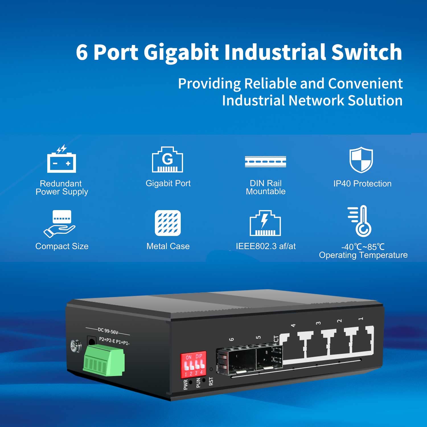 4-Port Hardened Industrial Gigabit 2+ Managed DIN-Rail Switch, 4x10/100/1000 Base-TX +2x1000Base-FX SFP 6X, Network Ethernet Gigabit Not with PoE+ Switch