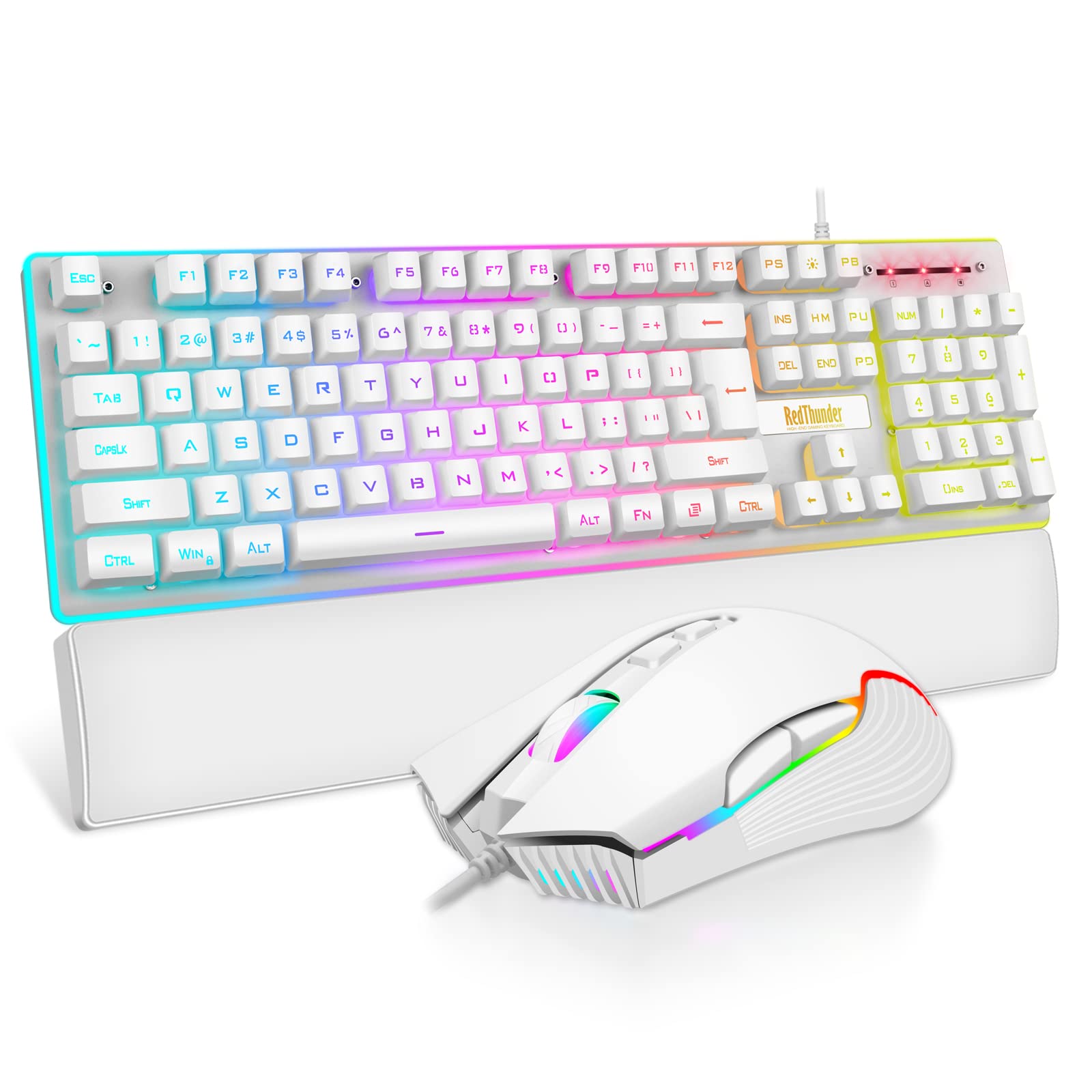 RedThunder K10 Wired Gaming Keyboard and Mouse and Wrist Rest Combo, RGB Backlit, Mechanical Feel Anti-ghosting Keyboard + 7D 7200 DPI Mice+Soft Leather Wrist Rest 3 in 1 PC Gamer Accessories(White)