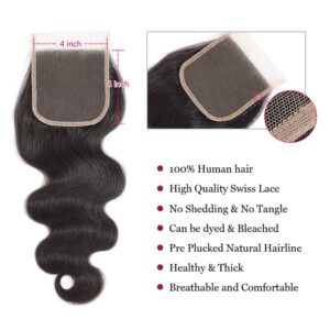 12A Brazilian Body Wave 3 Bundles with Closure (14 16 18 +12 Closure)100% Unprocessed Body Wave Human Hair Weave with 4x4 Free Part Lace Closure Natural Color (Bundles with Closure)