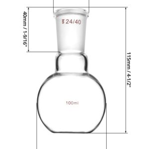 QWORK Glass 100ml Single Neck Flat Bottom Boiling Flask, with 24/40 Standard Joint, 2 Pack Heavy Wall Distillation Receiving Apparatus, Taper Outer Joint Lab Glassware, 100mL