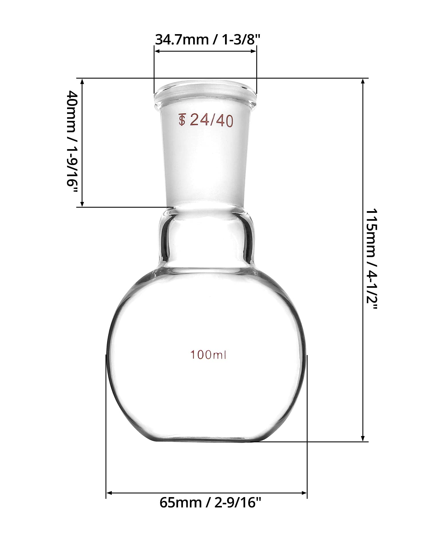 QWORK Glass 100ml Single Neck Flat Bottom Boiling Flask, with 24/40 Standard Joint, 2 Pack Heavy Wall Distillation Receiving Apparatus, Taper Outer Joint Lab Glassware, 100mL