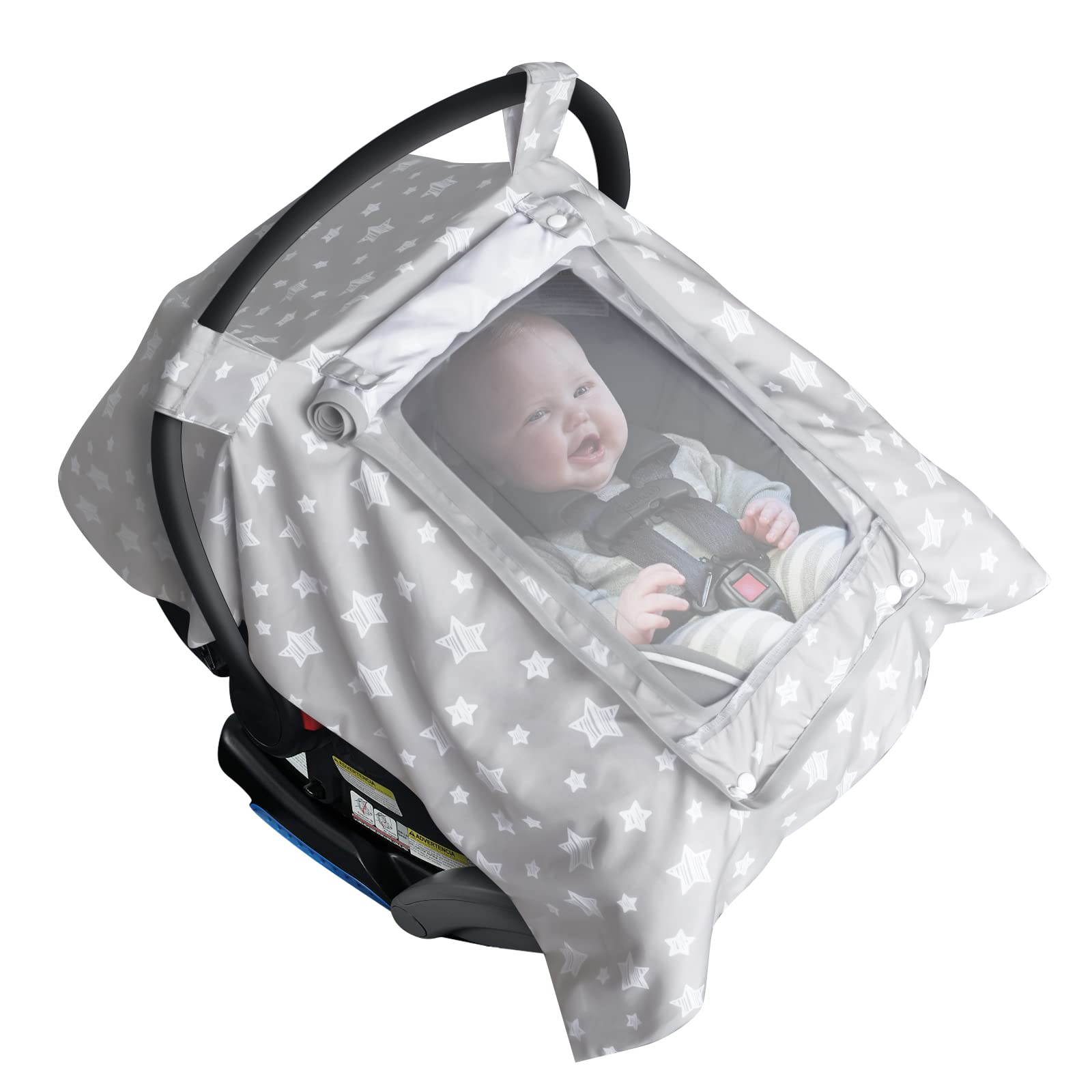 Baby Car Seat Cover for Boys Girls, Adjustable Peep & Breathable Mesh Window, Infant Carseat Canopy Fit All Seasons, Suitable for Various Stroller