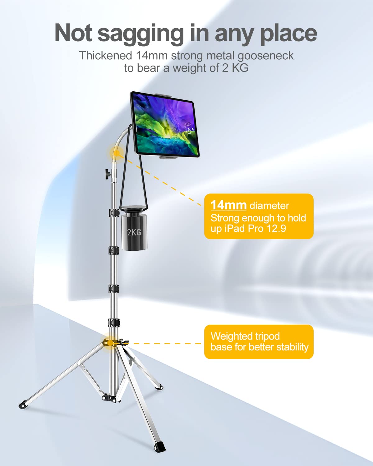 elitehood Aluminum iPad Tripod Stand, 72in Height Adjustable iPad Floor Stand, Heavy Duty Silver iPad Tripod Holder Mount, Compatible with iPad Pro 12.9, 11, iPad Air Mini 4.7-13in Tablets & Phones