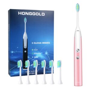 honggold sonic toothbrush for adults and kids， electric toothbrushes 5 modes smart timer tooth brush electric set 6 brush heads, waterproof ipx7, sonic electric toothbrush, pink