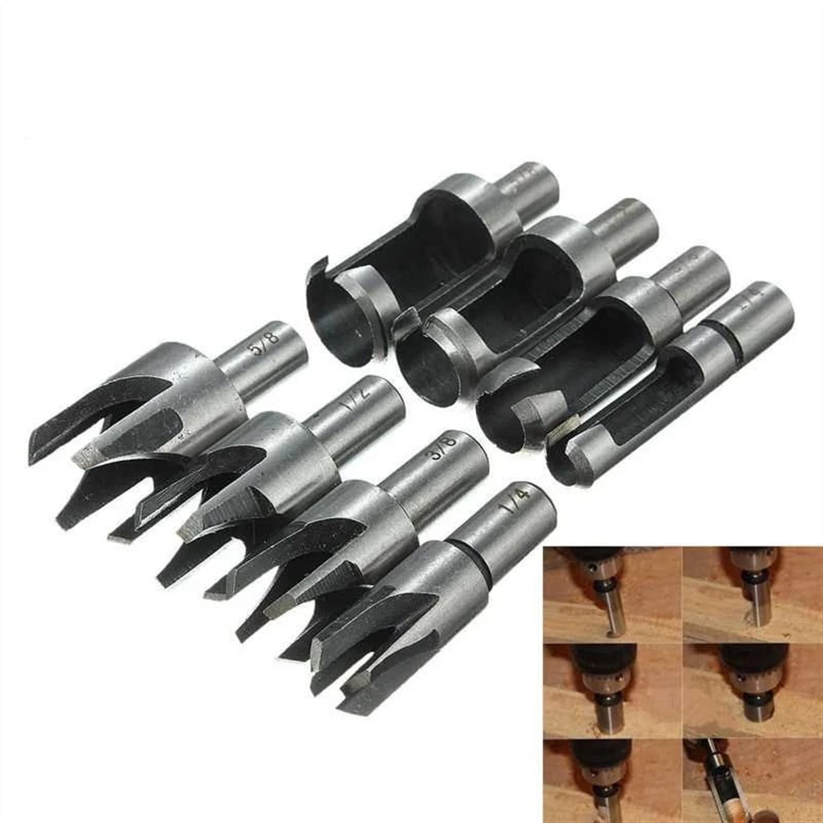 WQZCW 8Pcs 5/8" 1/2" 3/8" 1/4" Carbon Steel Wood Plug Hole Cutter Drill Bit Set 10MM Shank 6/10/13/16mm Wood Drill Bits (Color : 8Pcs)