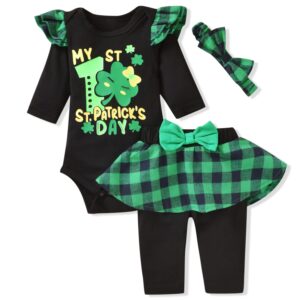 aalizzwell baby girl st. patricks day outfit, infant girls st paddys day bodysuit pants shamrock clover clothes 6-12 months black