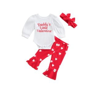 sunwittafy toddler baby girl daddy's little valentine clothes letter romper puff sleeve romper heart print flared pants headband