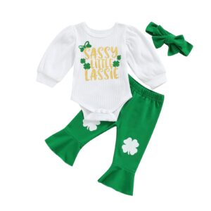 toddler baby girl st. patrick's day outfits letter print romper long sleeve jumpsuit clover flared pants headband (1#green, 12-18 months)