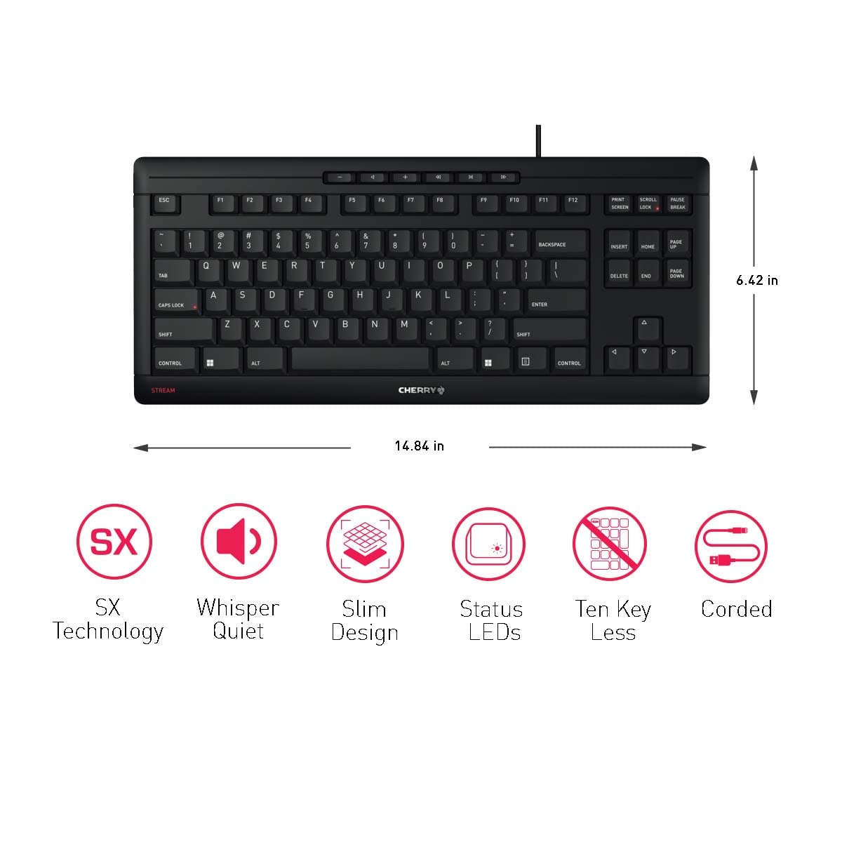 CHERRY Stream Keyboard TKL Wired USB TenKeyLess Compact Version without Number Pad. Silent Keystroke. Ideal for Office and Industrial Use.