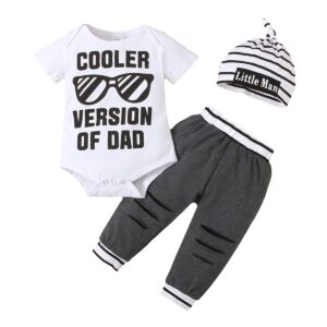 disaur baby boy clothes newborn boy outfits, infant short sleeve letter print romper+long pants+hat 3pc clothing set(3m,white)