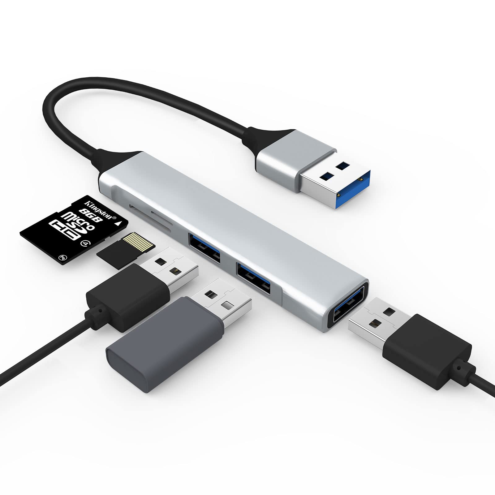 USB Hub, 5 in 1 USB 3.0 Adapter with 3 x USB 3.0 Ports and SD/TF Card Reader, Compatible with PC, MacBook Air, Mac Pro/Mini, iMac, Surface Pro, XPS, PS4, PS5, Xbox One, Flash Drive, Mobile HDD etc