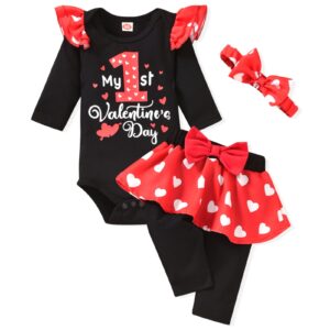 hintina infant baby girl my first valentine's day outfits ruffles long sleeve romper heart pants headband clothes set(black, 3-6m