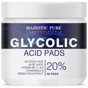 majestic pure glycolic acid pads for face & body - 20% resurfacing exfoliating pads with vitamin c,e,b5,aloejuice, greentea & rosemary oil - for skin tone, acne, fine lines & dark spots - peel pads 60