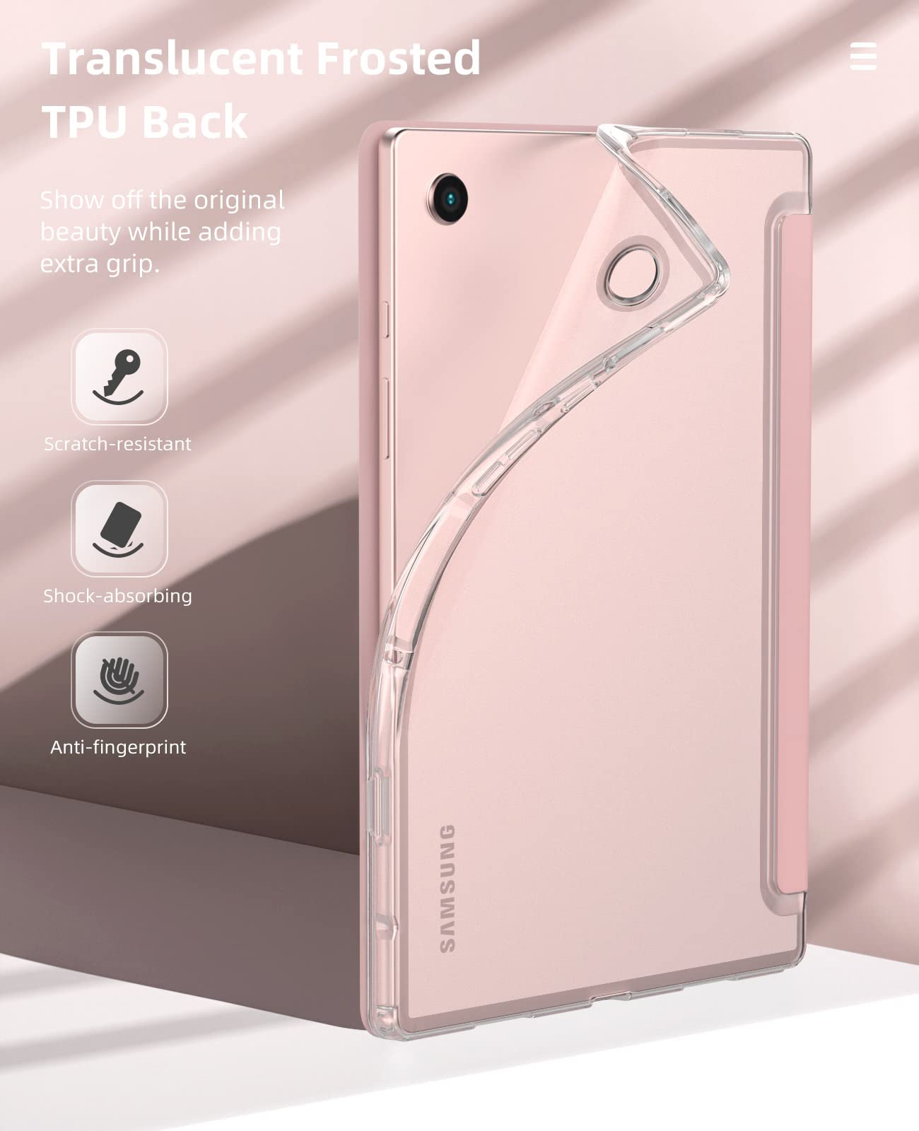 MoKo Case Fits Samsung Galaxy Tab A8 10.5 Inch 2022 (SM-X200/SM-X205/SM-X207), Slim Case Trifold Stand with Auto Sleep/Wake Function and Soft TPU Translucent Frosted Back Cover, Pink