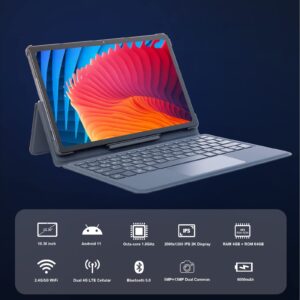 10.36" 2K Display Android 11 Tablet with docking keyboard,Dual 4G LTE Cellular,Octa core 1.8GHz, 2000x1200,4GB+64GB,5MP+13MP Dual Cameras,Four Speakers,WiFi,GPS,FM,Bluetooth,6000mAh Battery,Azeyou T20