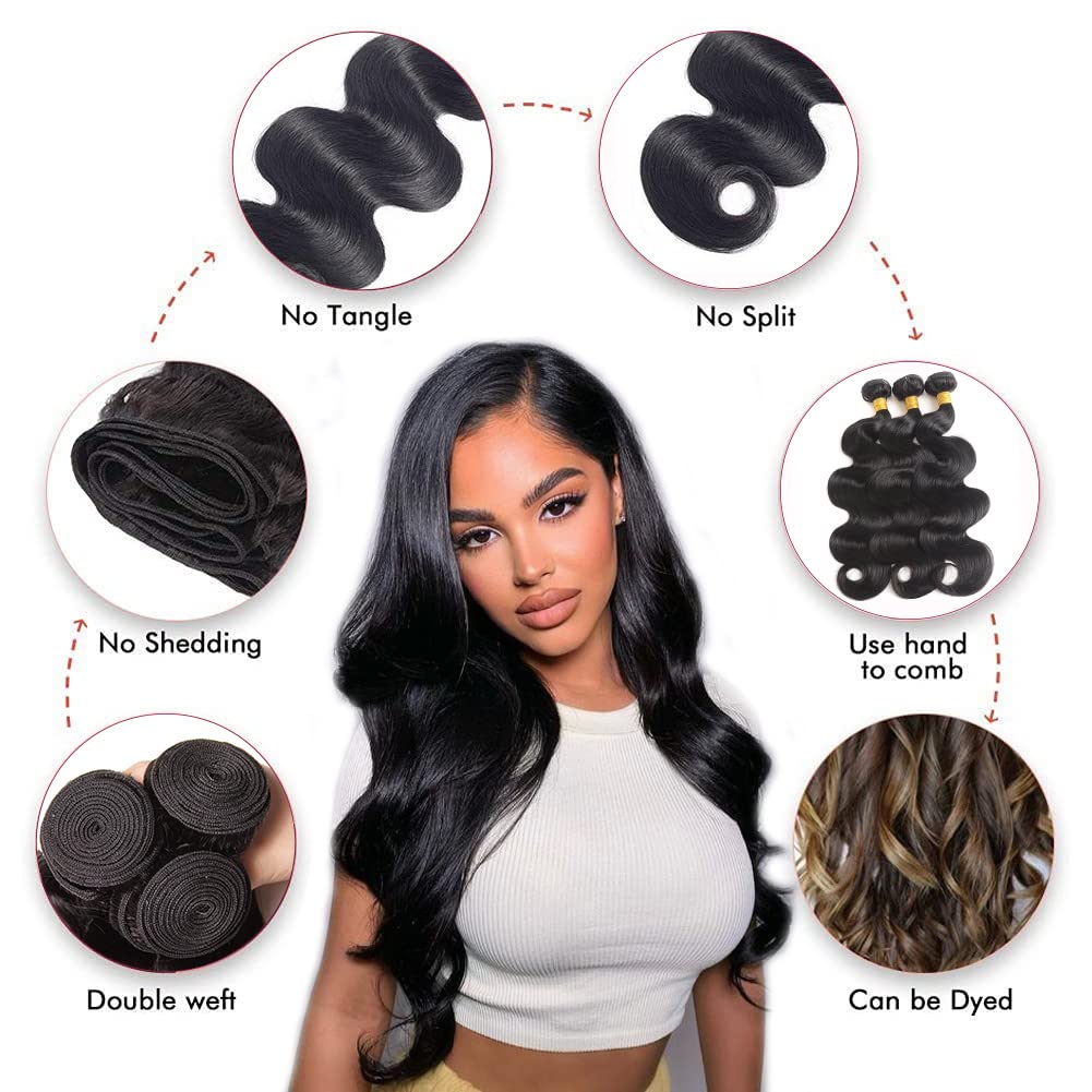 12A Brazilian Body Wave 3 Bundles with Closure (14 16 18 +12 Closure)100% Unprocessed Body Wave Human Hair Weave with 4x4 Free Part Lace Closure Natural Color (Bundles with Closure)