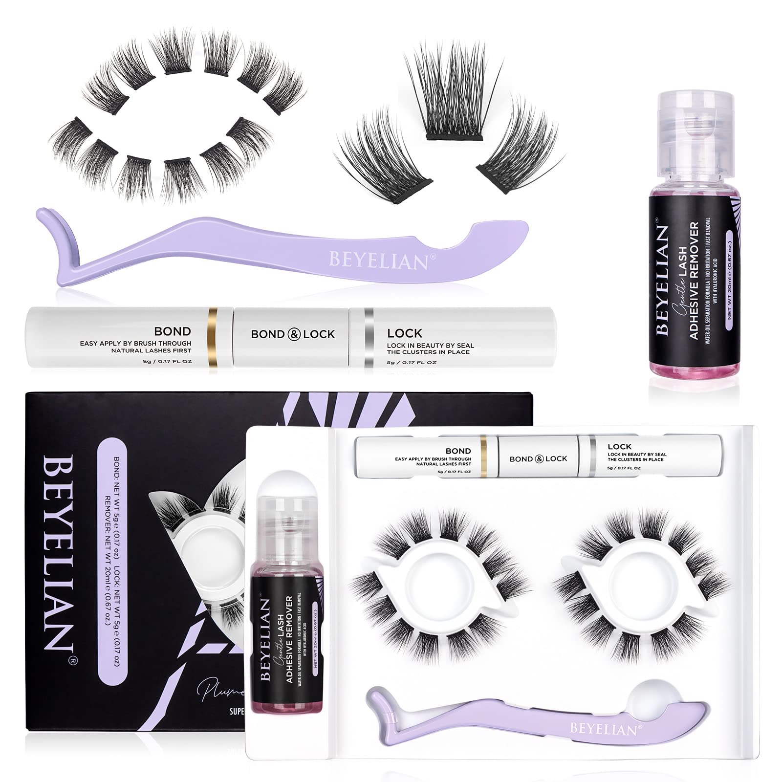 BEYELIAN At Home Eyelash Extension Kit, DIY Eyelash Extension Kit, Individual Eyelash Extensions, Lash Clusters 24 Superfine Band Eyelashes with Bond & Lock, Super Gentle Remover(802, 10 mm)