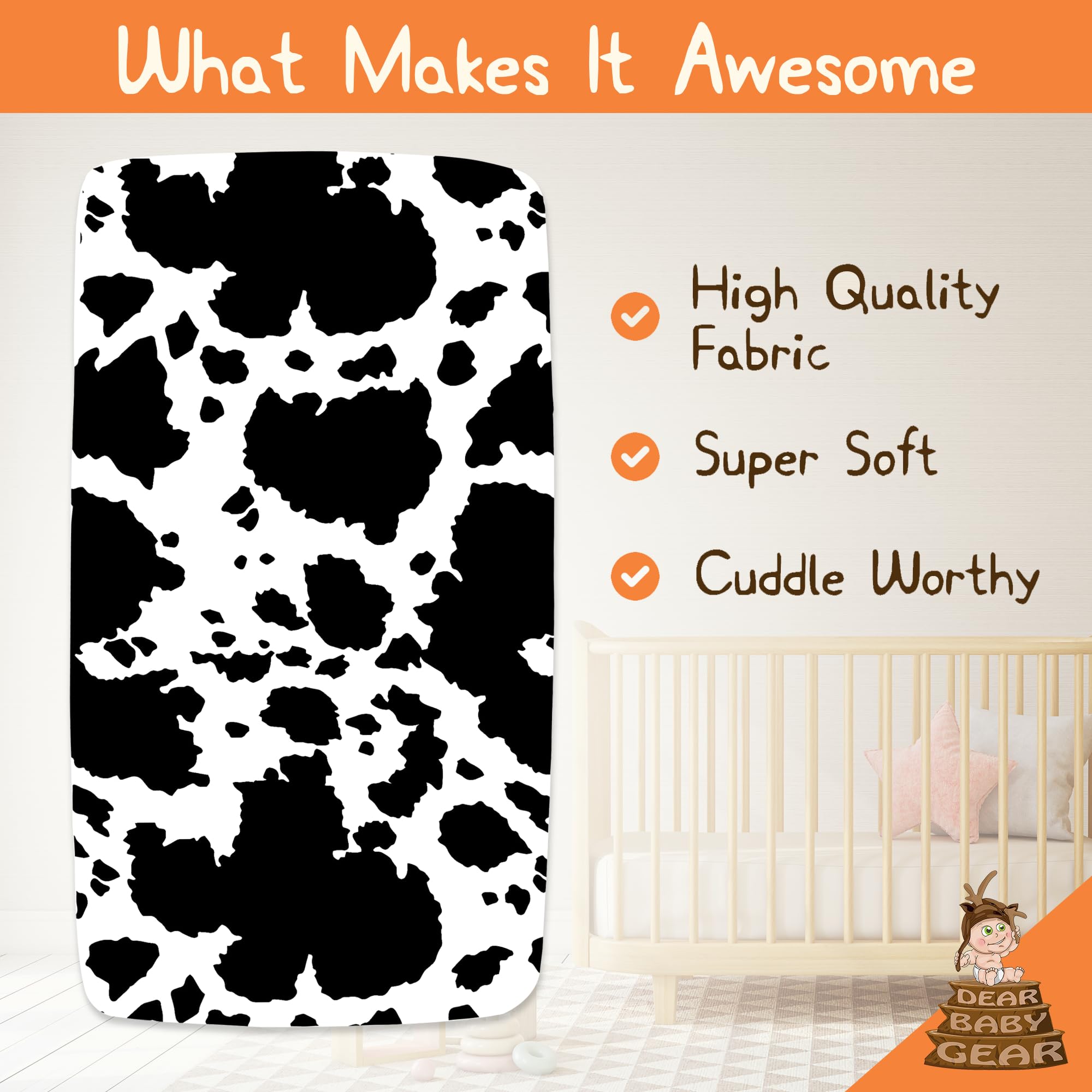 Dear Baby Gear Deluxe Crib Sheet Cotton Polyester Baby Crib Sheets, Soft Machine-Washable Crib Mattress Sheet, Baby Bed Sheets w/Black and White Holstein Cow Print, 28" x 52" x 10"