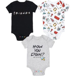 friends baby boys 3 pack short sleeve bodysuit grey/black/white 0-3 months