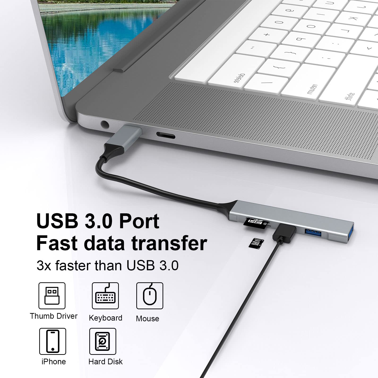 USB Hub, 5 in 1 USB 3.0 Adapter with 3 x USB 3.0 Ports and SD/TF Card Reader, Compatible with PC, MacBook Air, Mac Pro/Mini, iMac, Surface Pro, XPS, PS4, PS5, Xbox One, Flash Drive, Mobile HDD etc