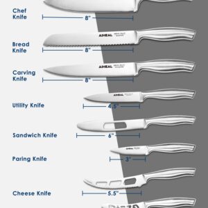 Aiheal 17PCS Stainless Steel Knife Set with Clear Knife Block, No Rust and Super Sharp Kitchen Knife Set in One Piece Design with Knife Sharpener for Kitchen, Steak Knives Set