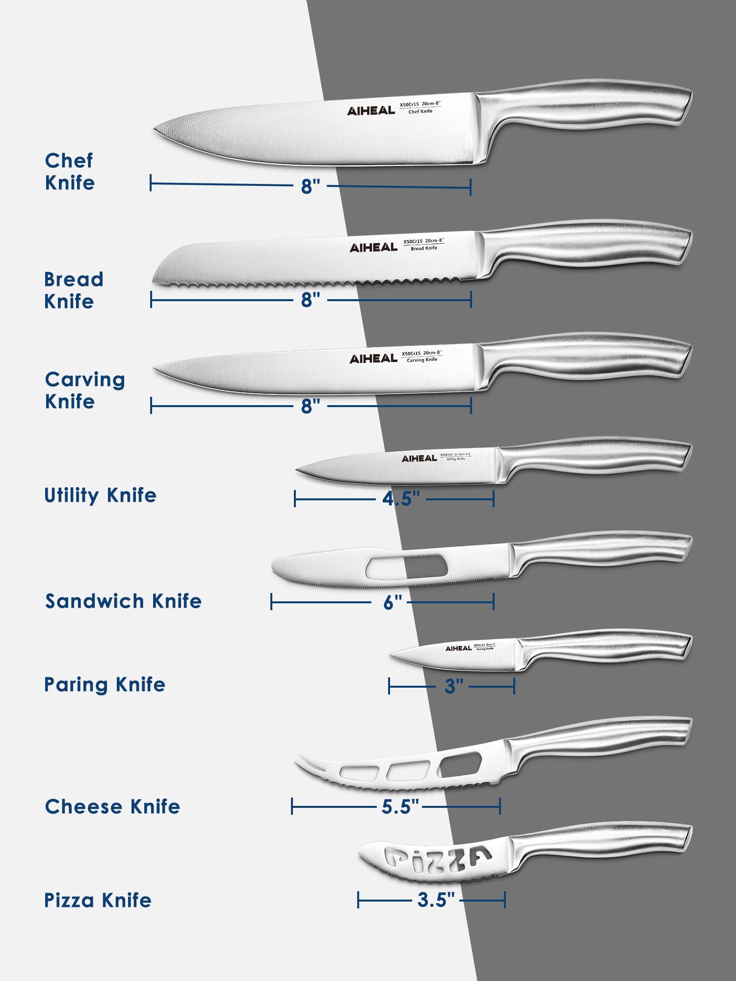 Aiheal 17PCS Stainless Steel Knife Set with Clear Knife Block, No Rust and Super Sharp Kitchen Knife Set in One Piece Design with Knife Sharpener for Kitchen, Steak Knives Set