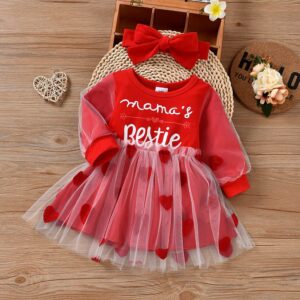 Infant Girls Dresses Double Tulle Long Sleeves Dresses+Bow Headband 3D Heart Applique Valentines Day Baby Clothes (Red Dress,3-6 Months)