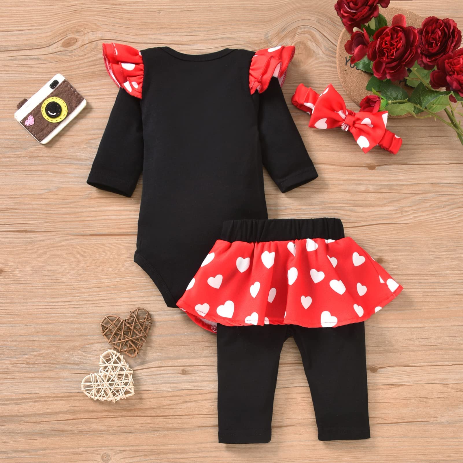 HINTINA Infant Baby Girl My First Valentine's Day Outfits Ruffles Long Sleeve Romper Heart Pants Headband Clothes Set(Black, 3-6M