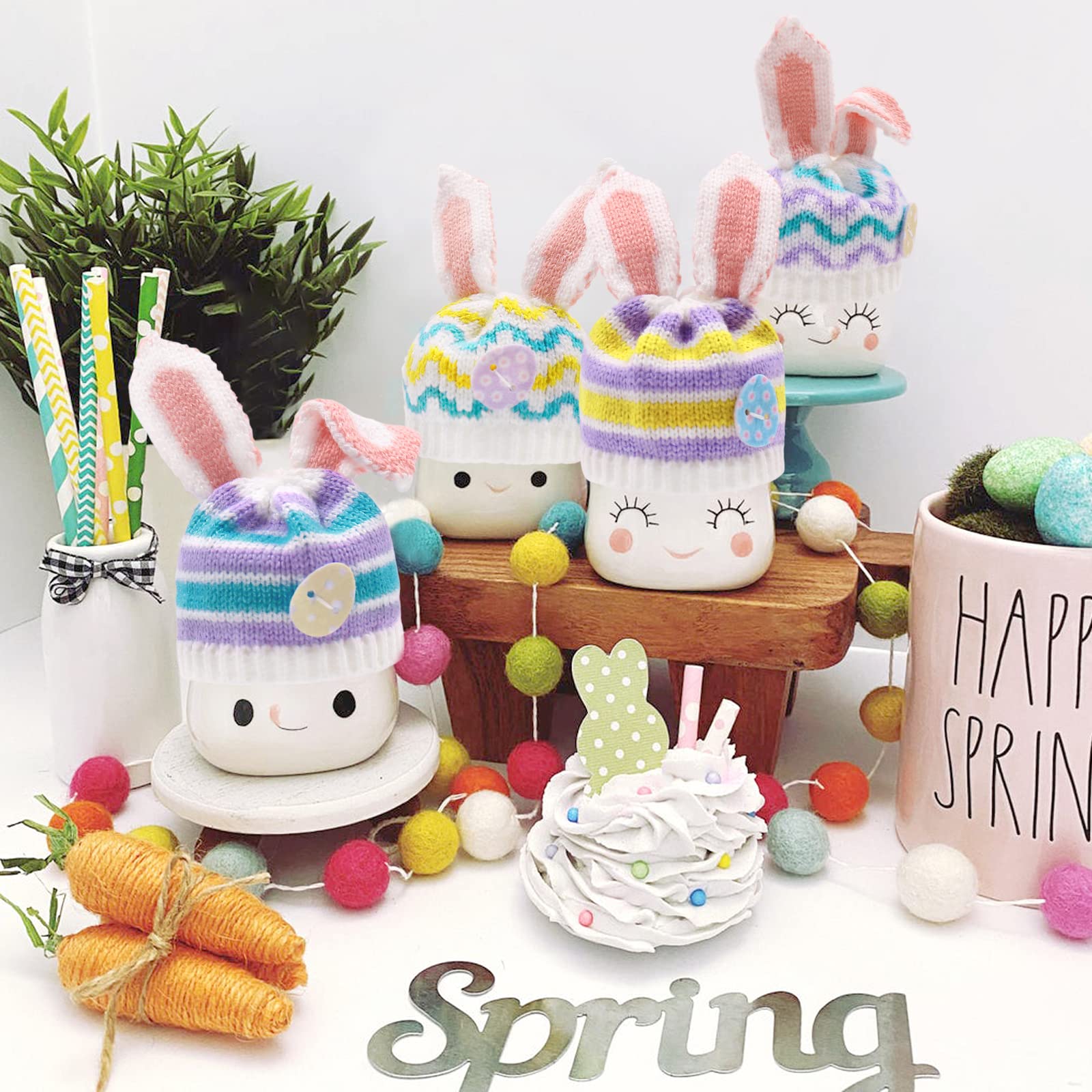 Vansolinne Easter Marshmallow Mug Hats Strip and Wavy Bunnies Crochet Ceramic Cup Toppers Mini Rabbit Mug Hat Cover Spring Kitchen Tiered Tray Decoration Baubles Eggs Holiday Celebration Decor 4PCS