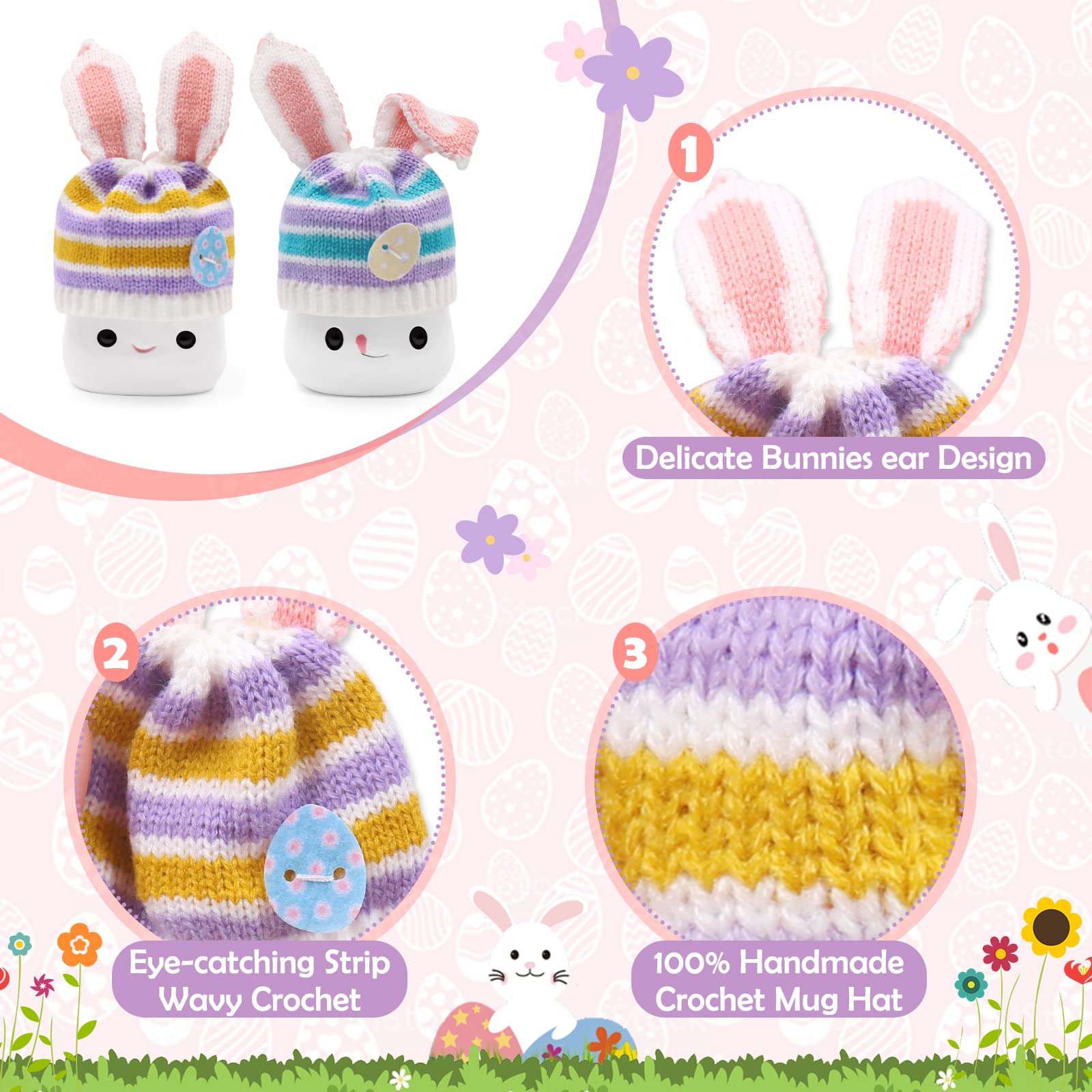 Vansolinne Easter Marshmallow Mug Hats Strip and Wavy Bunnies Crochet Ceramic Cup Toppers Mini Rabbit Mug Hat Cover Spring Kitchen Tiered Tray Decoration Baubles Eggs Holiday Celebration Decor 4PCS