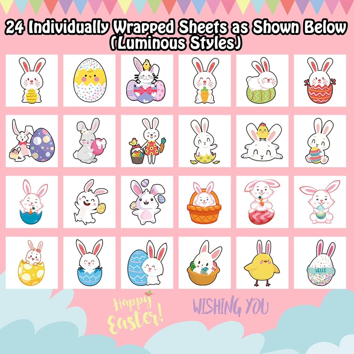 Partywind Luminous Easter Party Decorations, 24 Individually Wrapped Sheets Temporary Tattoos for Kids Easter Basket Stuffers, Easter Tattoo Stickers for Party Supplies